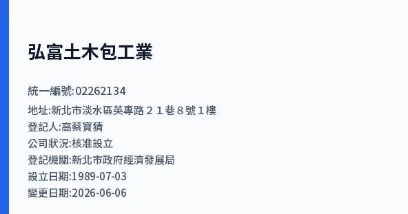 弘富土木包工業的照片-統編 02262134(新北市) 公司登記資料與營業項目詳細圖表