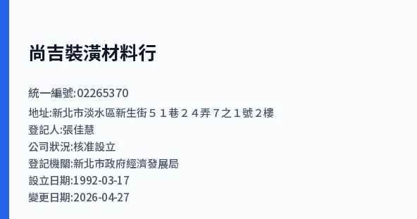 尚吉裝潢材料行的照片-統編 02265370(新北市) 公司登記資料與營業項目詳細圖表