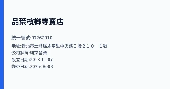 品葉檳榔專賣店的照片-統編 02267010(新北市) 公司登記資料與營業項目詳細圖表