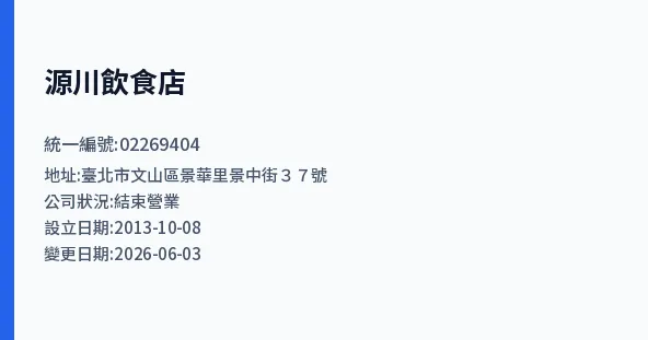 源川飲食店的照片-統編 02269404(臺北市) 公司登記資料與營業項目詳細圖表