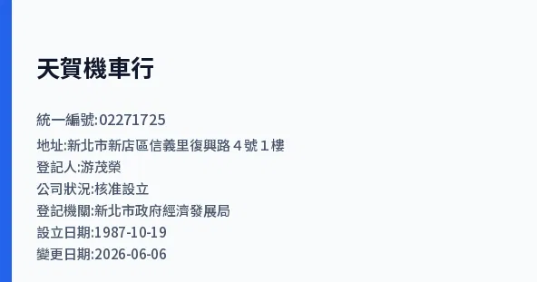 天賀機車行的照片-統編 02271725(新北市) 公司登記資料與營業項目詳細圖表