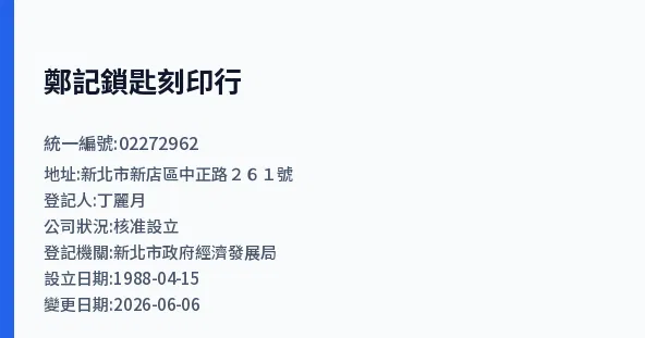 鄭記鎖匙刻印行的照片-統編 02272962(新北市) 公司登記資料與營業項目詳細圖表