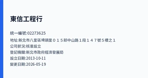 東信工程行的照片-統編 02273625(新北市) 公司登記資料與營業項目詳細圖表
