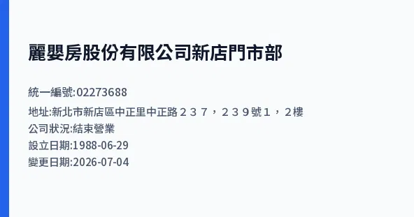 麗嬰房股份有限公司新店門市部的照片-統編 02273688(新北市) 公司登記資料與營業項目詳細圖表