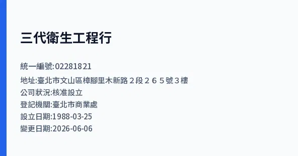 三代衛生工程行的照片-統編 02281821(臺北市) 公司登記資料與營業項目詳細圖表