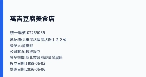 萬吉豆腐美食店的照片-統編 02289035(新北市) 公司登記資料與營業項目詳細圖表