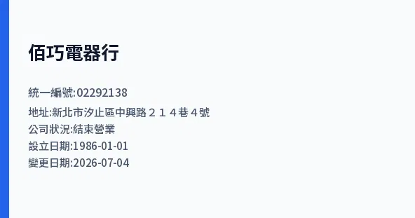 佰巧電器行的照片-統編 02292138(新北市) 公司登記資料與營業項目詳細圖表