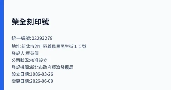 榮全刻印號的照片-統編 02293278(新北市) 公司登記資料與營業項目詳細圖表