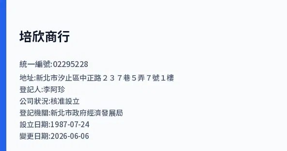 培欣商行的照片-統編 02295228(新北市) 公司登記資料與營業項目詳細圖表