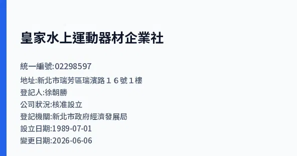 皇家水上運動器材企業社的照片-統編 02298597(新北市) 公司登記資料與營業項目詳細圖表