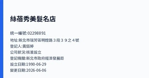 絲蓓秀美髮名店的照片-統編 02298891(新北市) 公司登記資料與營業項目詳細圖表