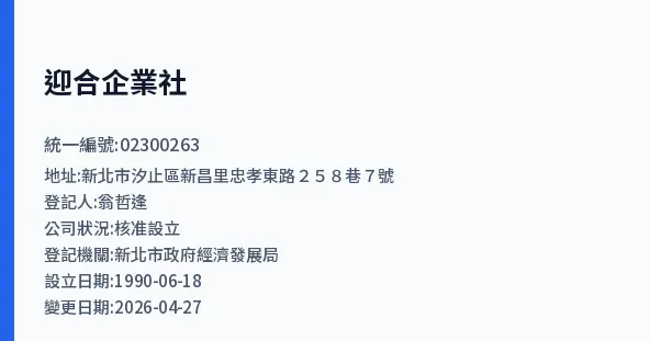 迎合企業社的照片-統編 02300263(新北市) 公司登記資料與營業項目詳細圖表