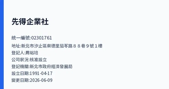 先得企業社的照片-統編 02301761(新北市) 公司登記資料與營業項目詳細圖表