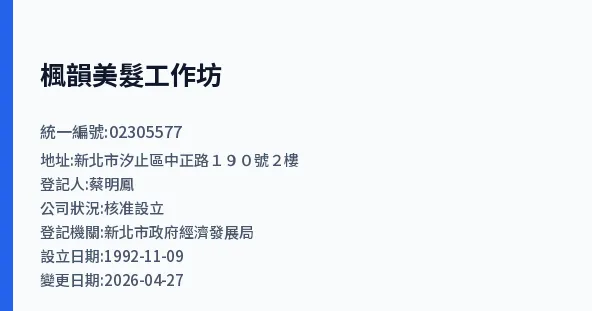 楓韻美髮工作坊的照片-統編 02305577(新北市) 公司登記資料與營業項目詳細圖表