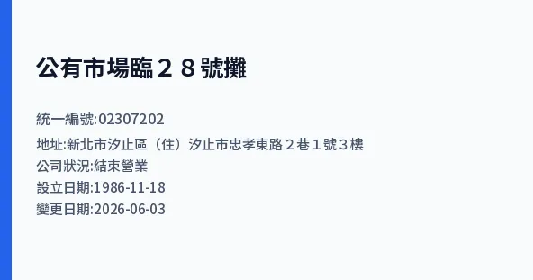 公有市場臨28號攤的照片-統編 02307202(新北市) 公司登記資料與營業項目詳細圖表