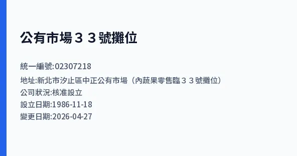 公有市場33號攤位的照片-統編 02307218(新北市) 公司登記資料與營業項目詳細圖表