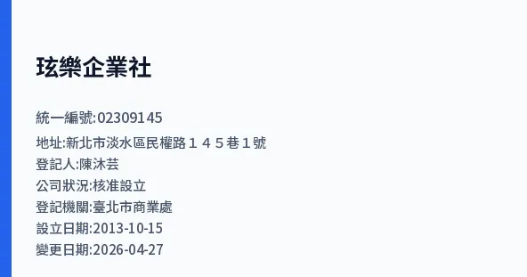 玹樂企業社的照片-統編 02309145(新北市) 公司登記資料與營業項目詳細圖表