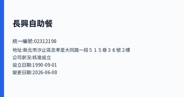 長興自助餐的照片-統編 02312198(新北市) 公司登記資料與營業項目詳細圖表