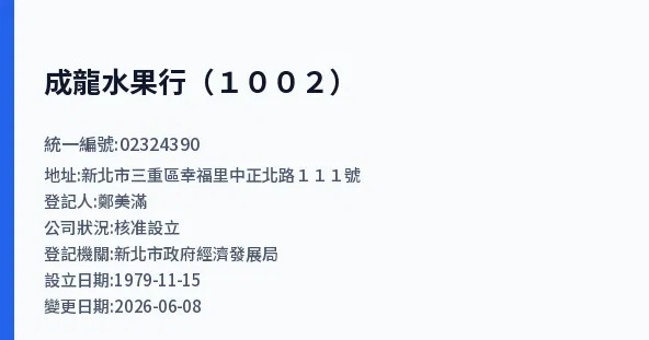 成龍水果行(1002)的照片-統編 02324390(新北市) 公司登記資料與營業項目詳細圖表