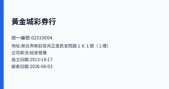 黃金城彩券行的照片-統編 02333004(新北市) 公司登記資料與營業項目詳細圖表