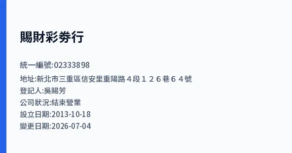 賜財彩劵行的照片-統編 02333898(新北市) 公司登記資料與營業項目詳細圖表