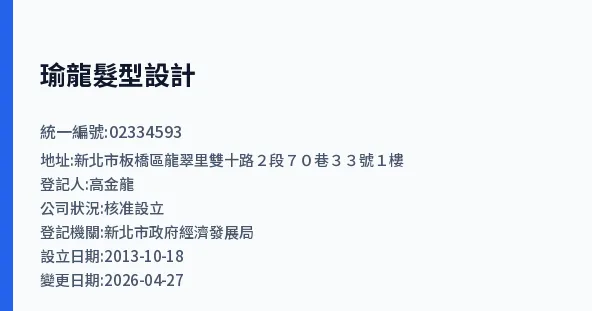 瑜龍髮型設計的照片-統編 02334593(新北市) 公司登記資料與營業項目詳細圖表