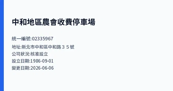 中和地區農會收費停車場的照片-統編 02335967(新北市) 公司登記資料與營業項目詳細圖表