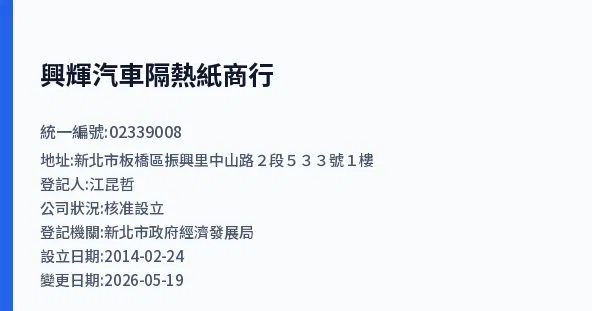 興輝汽車隔熱紙商行的照片-統編 02339008(新北市) 公司登記資料與營業項目詳細圖表