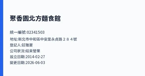 聚香園北方麵食館的照片-統編 02341503(新北市) 公司登記資料與營業項目詳細圖表