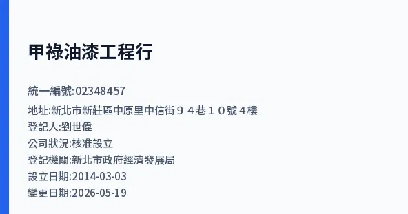 甲祿油漆工程行的照片-統編 02348457(新北市) 公司登記資料與營業項目詳細圖表