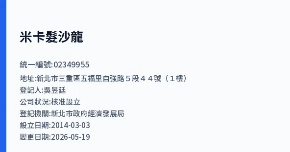 米卡髮沙龍的照片-統編 02349955(新北市) 公司登記資料與營業項目詳細圖表