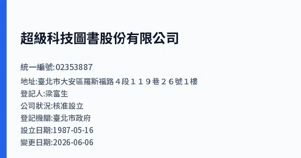 超級科技圖書股份有限公司的照片-統編 02353887(臺北市) 公司登記資料與營業項目詳細圖表