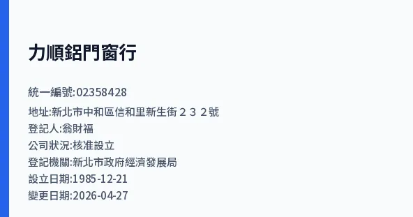 力順鋁門窗行的照片-統編 02358428(新北市) 公司登記資料與營業項目詳細圖表