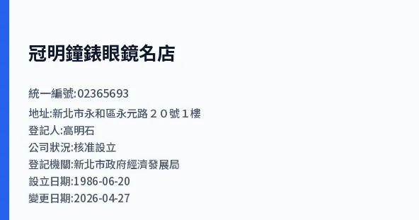 冠明鐘錶眼鏡名店的照片-統編 02365693(新北市) 公司登記資料與營業項目詳細圖表