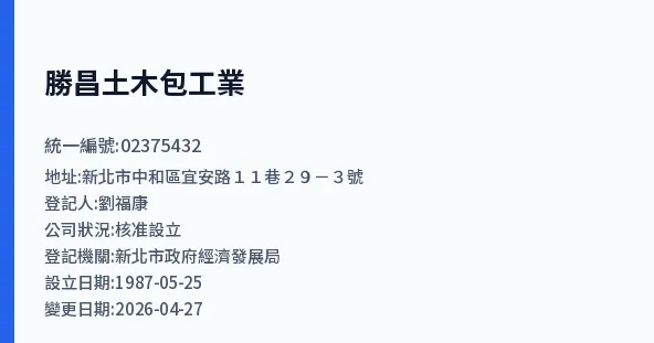 勝昌土木包工業的照片-統編 02375432(新北市) 公司登記資料與營業項目詳細圖表