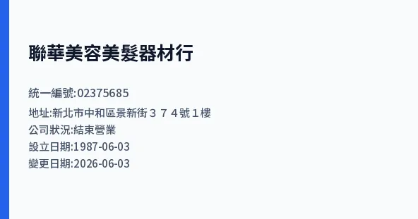 聯華美容美髮器材行的照片-統編 02375685(新北市) 公司登記資料與營業項目詳細圖表