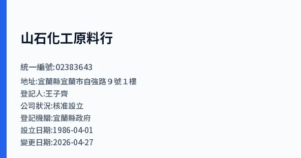 山石化工原料行的照片-統編 02383643(宜蘭縣) 公司登記資料與營業項目詳細圖表