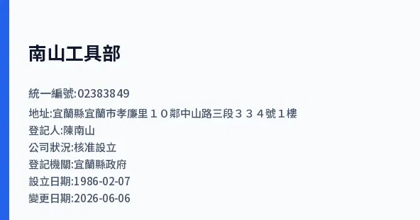 南山工具部的照片-統編 02383849(宜蘭縣) 公司登記資料與營業項目詳細圖表