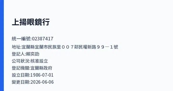 上揚眼鏡行的照片-統編 02387417(宜蘭縣) 公司登記資料與營業項目詳細圖表