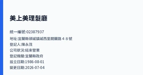 美上美理髮廳的照片-統編 02387937(宜蘭縣) 公司登記資料與營業項目詳細圖表