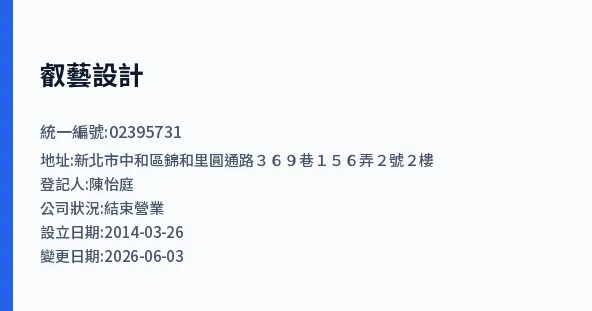 叡藝設計的照片-統編 02395731(新北市) 公司登記資料與營業項目詳細圖表