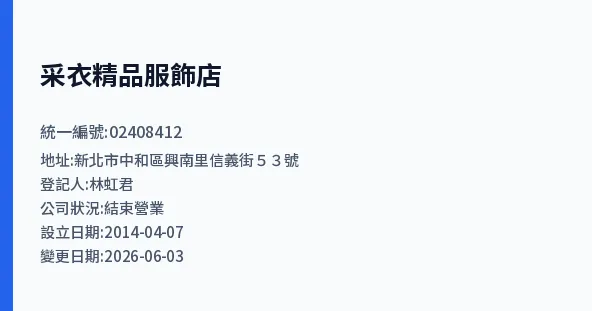 采衣精品服飾店的照片-統編 02408412(新北市) 公司登記資料與營業項目詳細圖表
