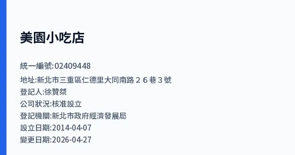 美園小吃店的照片-統編 02409448(新北市) 公司登記資料與營業項目詳細圖表