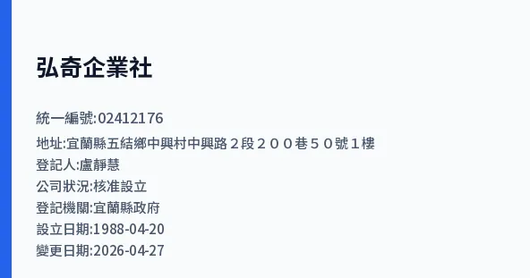 弘奇企業社的照片-統編 02412176(宜蘭縣) 公司登記資料與營業項目詳細圖表