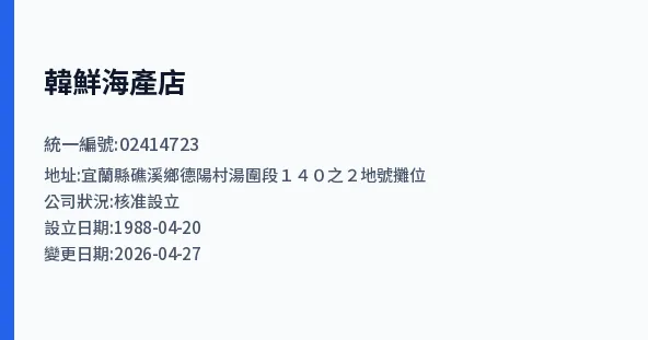 韓鮮海產店的照片-統編 02414723(宜蘭縣) 公司登記資料與營業項目詳細圖表