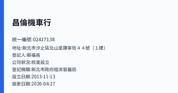 昌倫機車行的照片-統編 02417138(新北市) 公司登記資料與營業項目詳細圖表