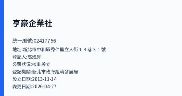亨豪企業社的照片-統編 02417756(新北市) 公司登記資料與營業項目詳細圖表