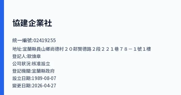 協建企業社的照片-統編 02419255(宜蘭縣) 公司登記資料與營業項目詳細圖表