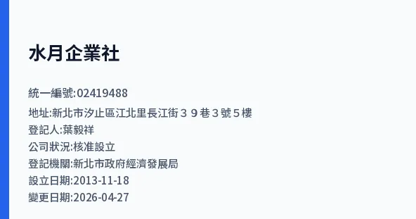 水月企業社的照片-統編 02419488(新北市) 公司登記資料與營業項目詳細圖表