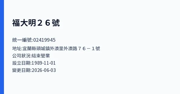 福大明26號的照片-統編 02419945(宜蘭縣) 公司登記資料與營業項目詳細圖表